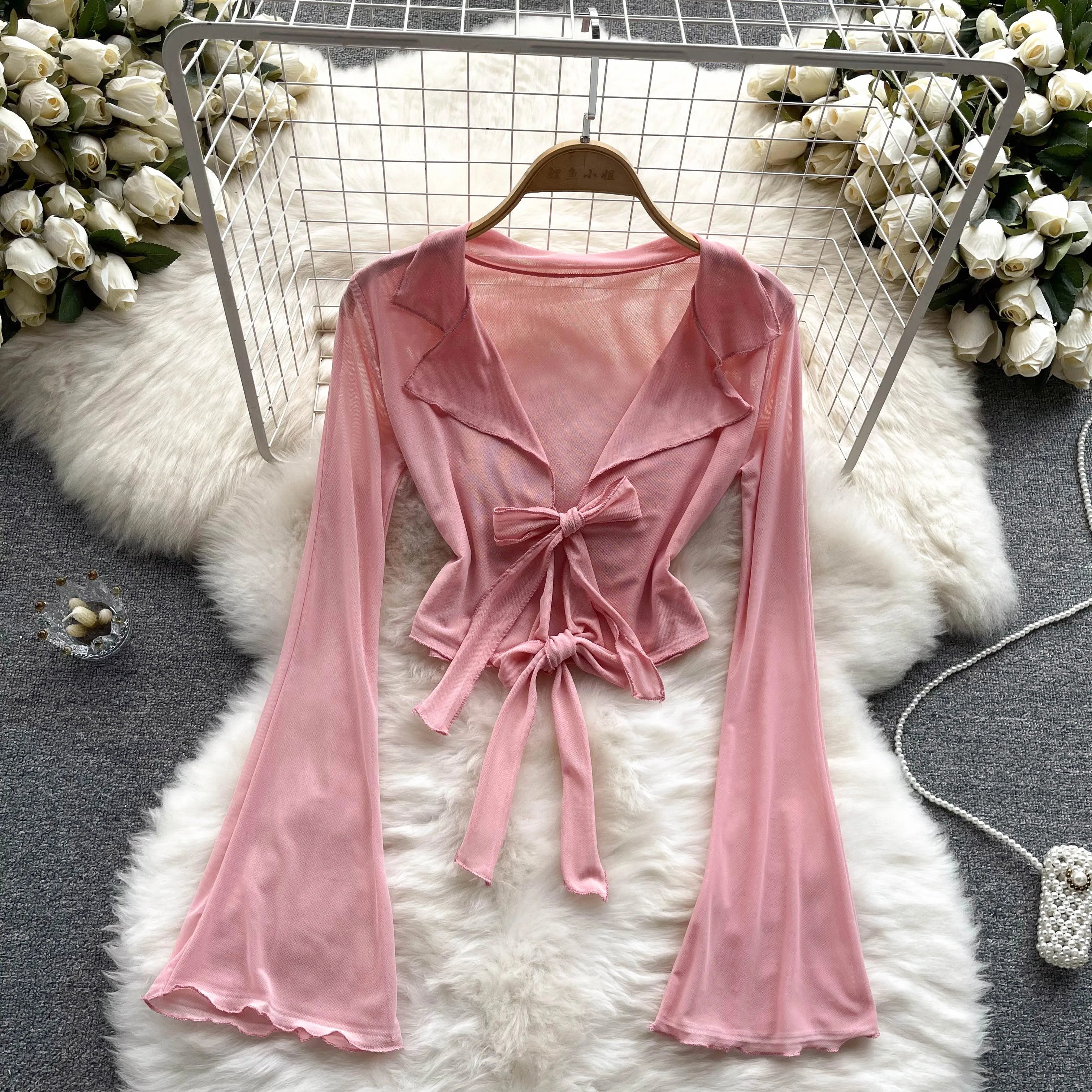 Sheer Pink Blouse With Bell Sleeves And Bows on Luulla