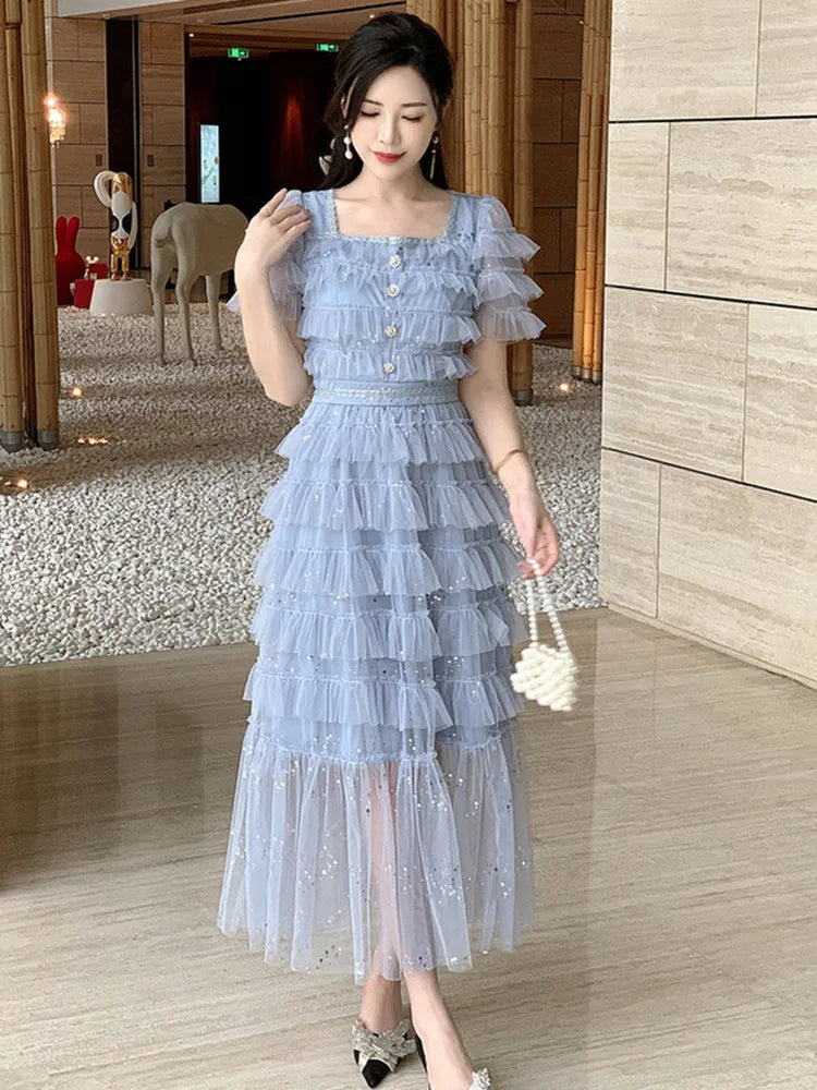 Elegant Layered Ruffle Mesh Dress For Women on Luulla