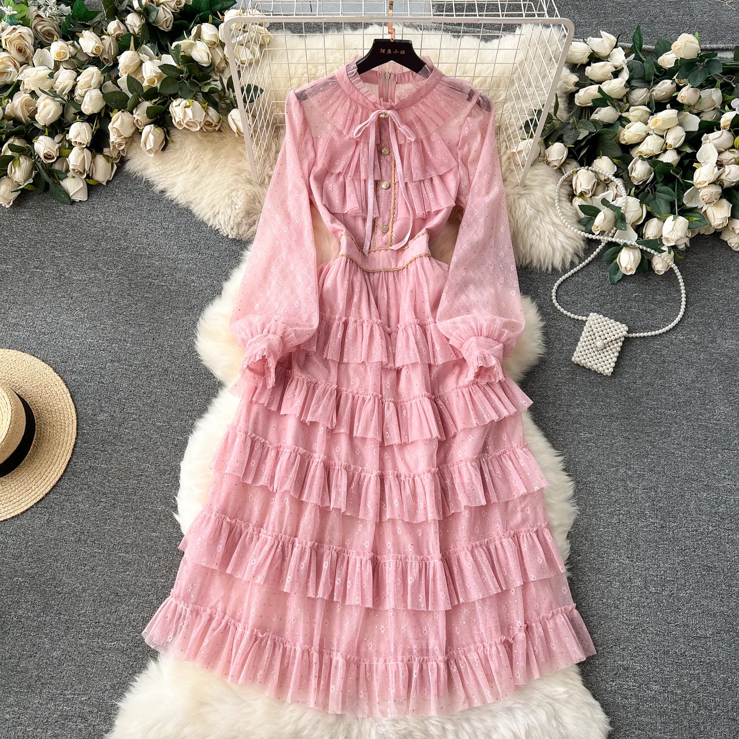 Elegant Pink Ruffled Long Sleeve Maxi Dress on Luulla