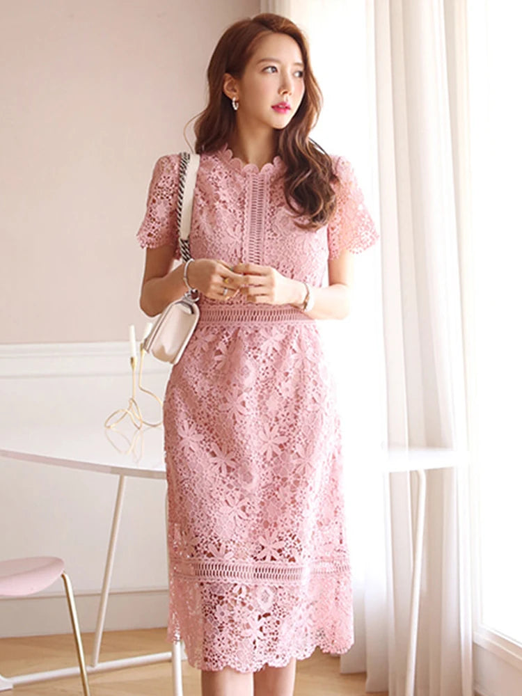 Elegant Pink Lace Midi Dress For Women on Luulla