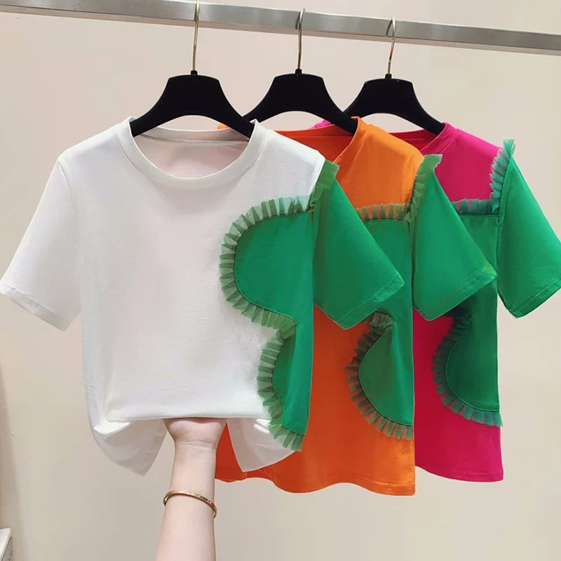 Colorful Womens T-shirts With Ruffled Green Design on Luulla
