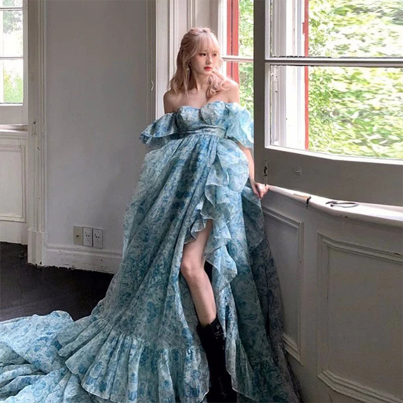 Elegant Blue Floral Off-shoulder Ruffled Dress on Luulla
