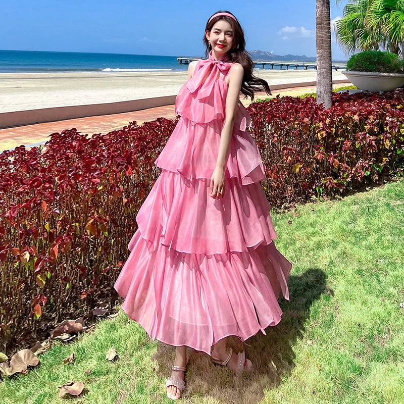 Elegant Pink Tiered Sleeveless Beach Maxi Dress on Luulla