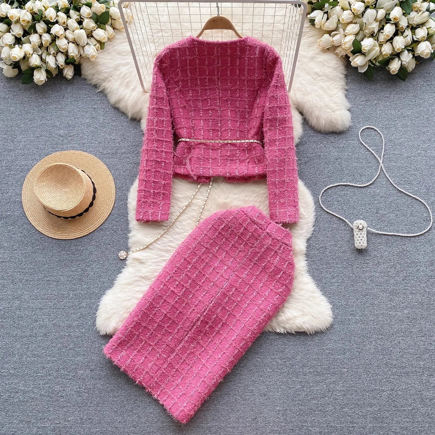 Elegant Pink Tweed Skirt Suit Set on Luulla