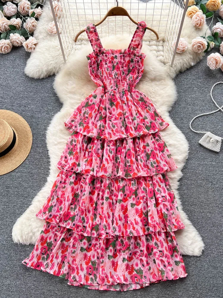 Floral Pink Tiered Ruffle Maxi Dress on Luulla