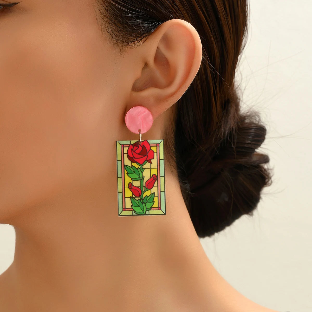 Stained Glass Rose Rectangular Drop Earrings on Luulla