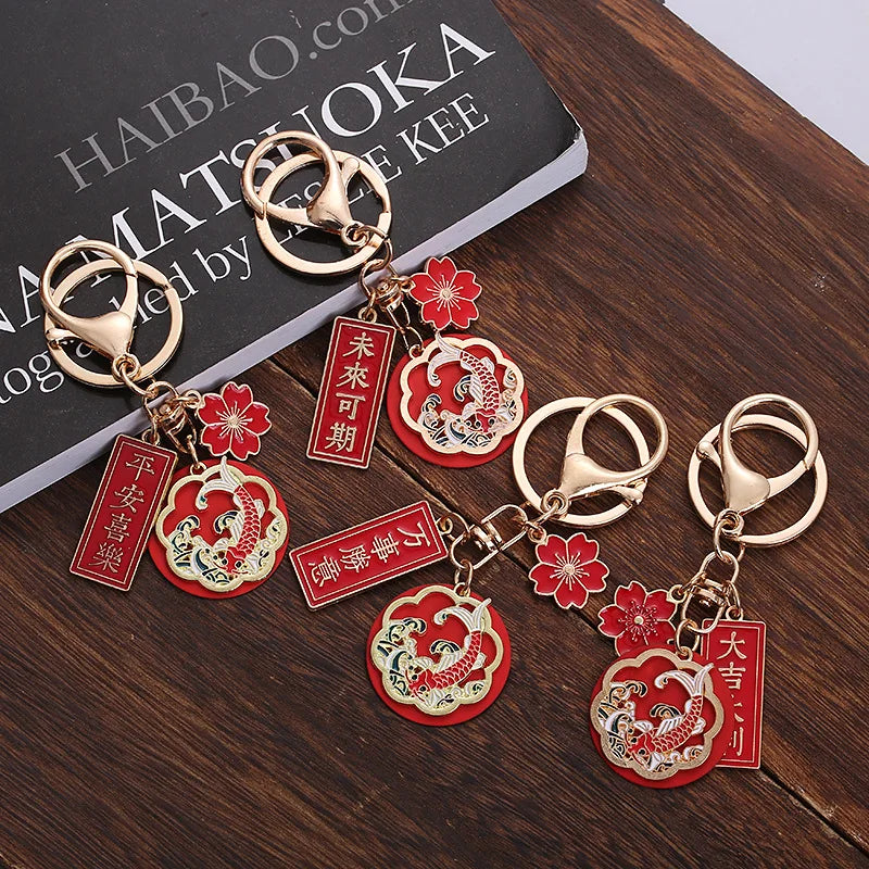Oriental Red Enamel Good Fortune Keychains Set on Luulla