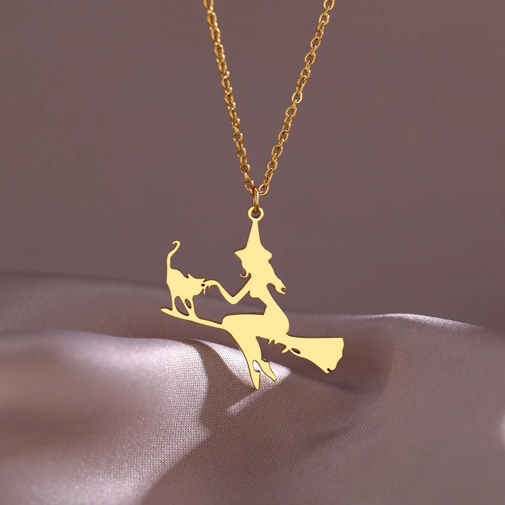 Gold Witch And Cat Pendant Necklace on Luulla