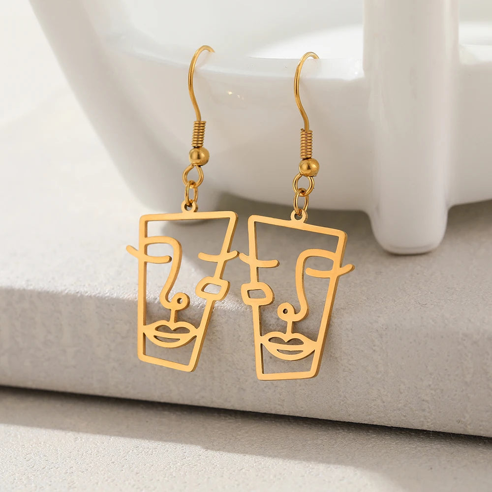 Abstract Face Gold Dangle Earrings For Women on Luulla