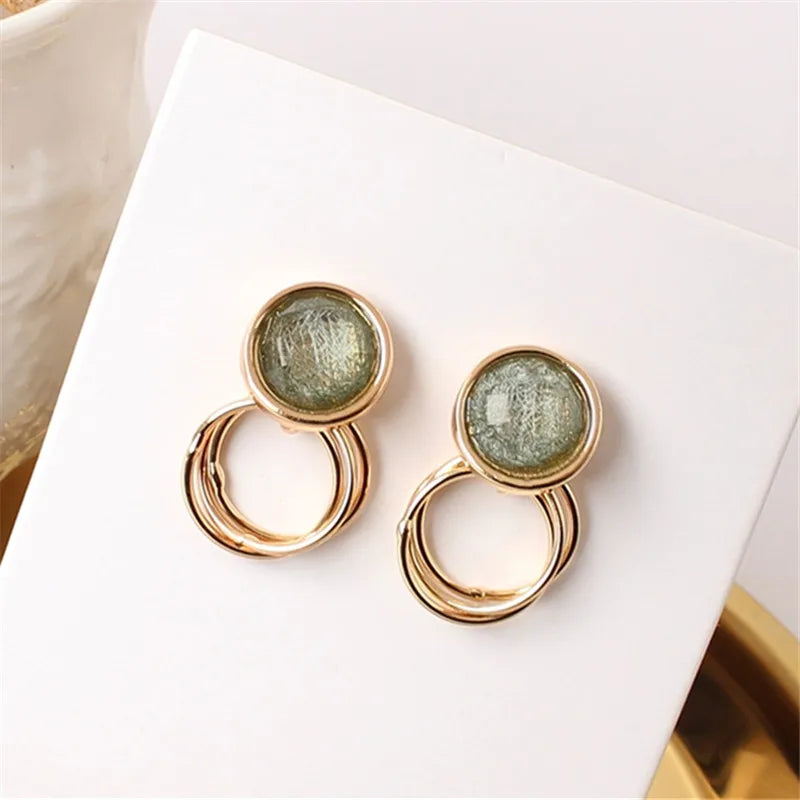 Green Stone Double Loop Gold Earrings on Luulla