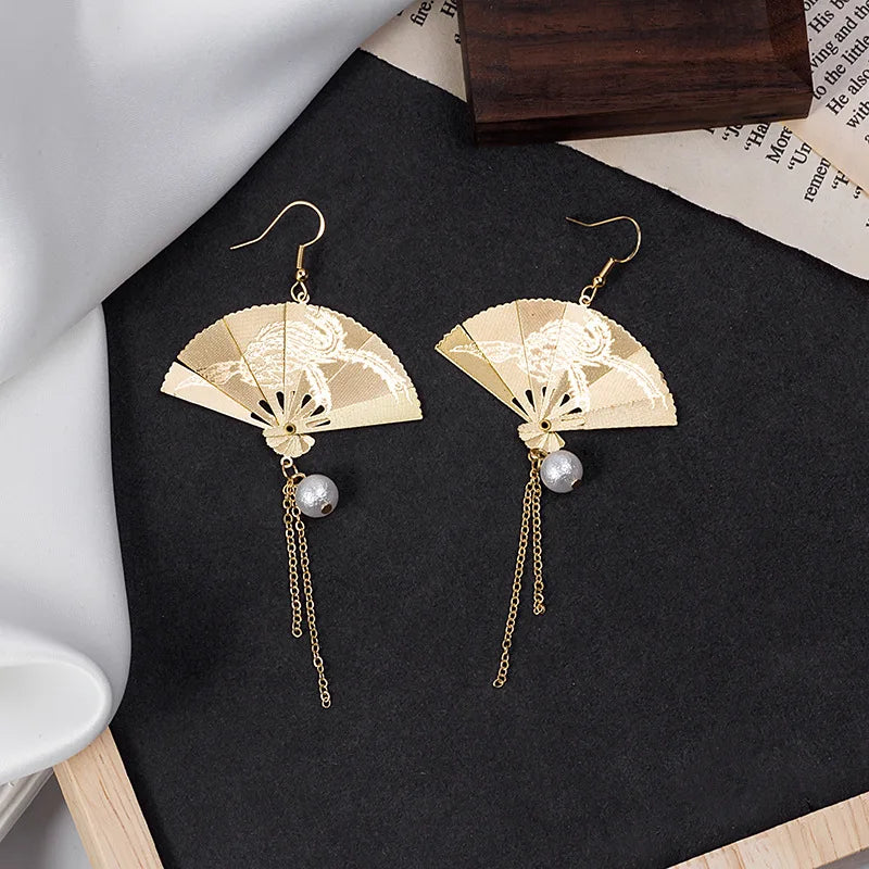 Elegant Gold Fan Shape Dangle Drop Earrings on Luulla