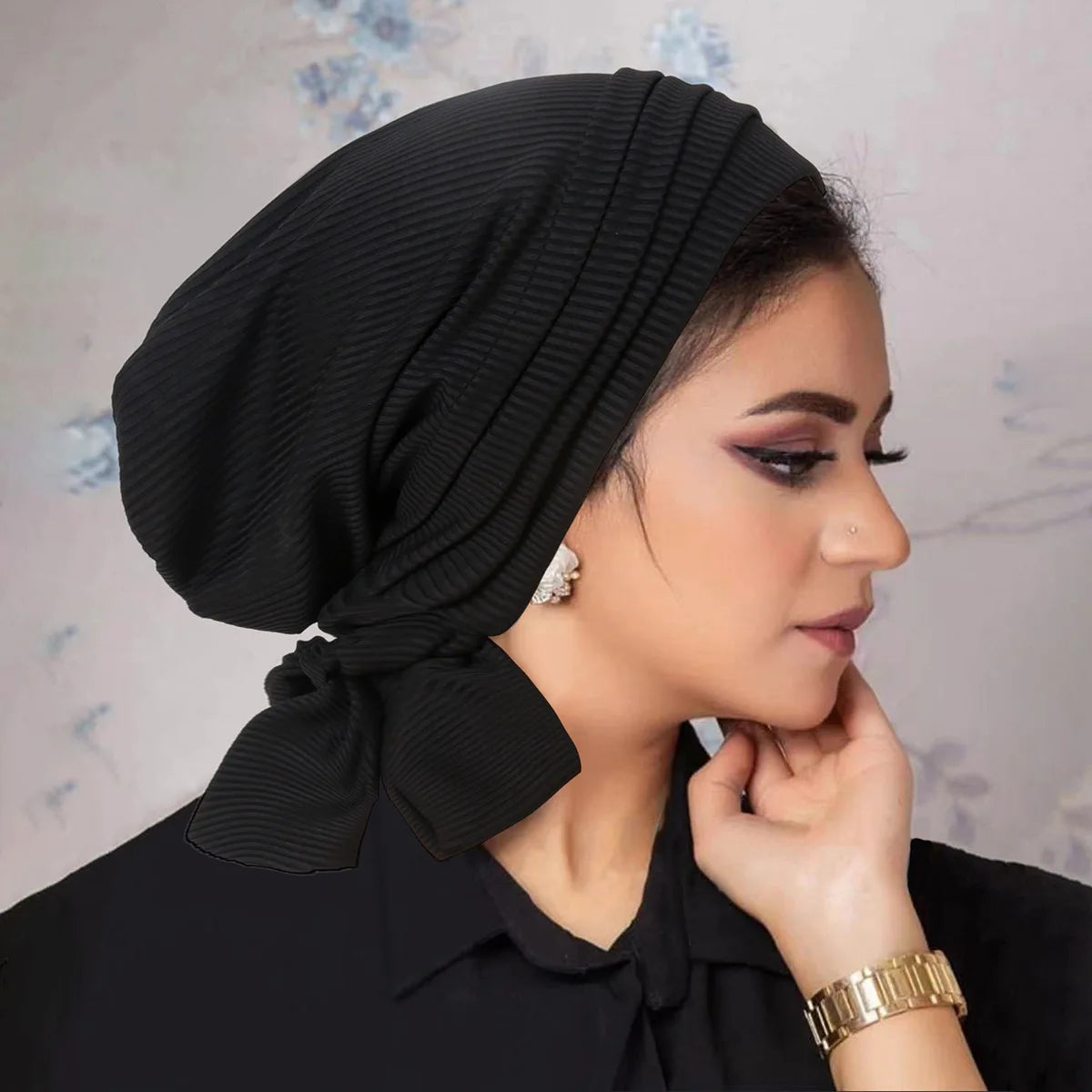 Elegant Ribbed Beige Hijab With Bow Detail on Luulla