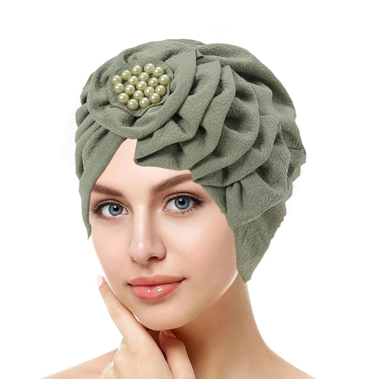 Elegant Green Pearl-embellished Turban Head Wrap on Luulla