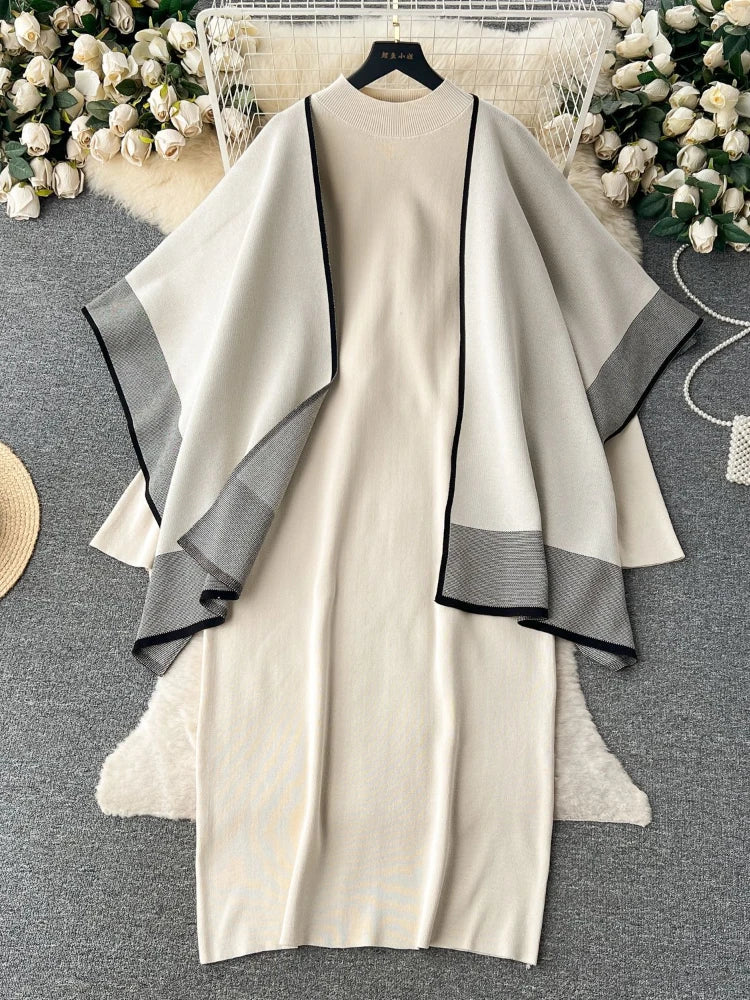 Elegant Beige Knit Dress And Cardigan Set on Luulla