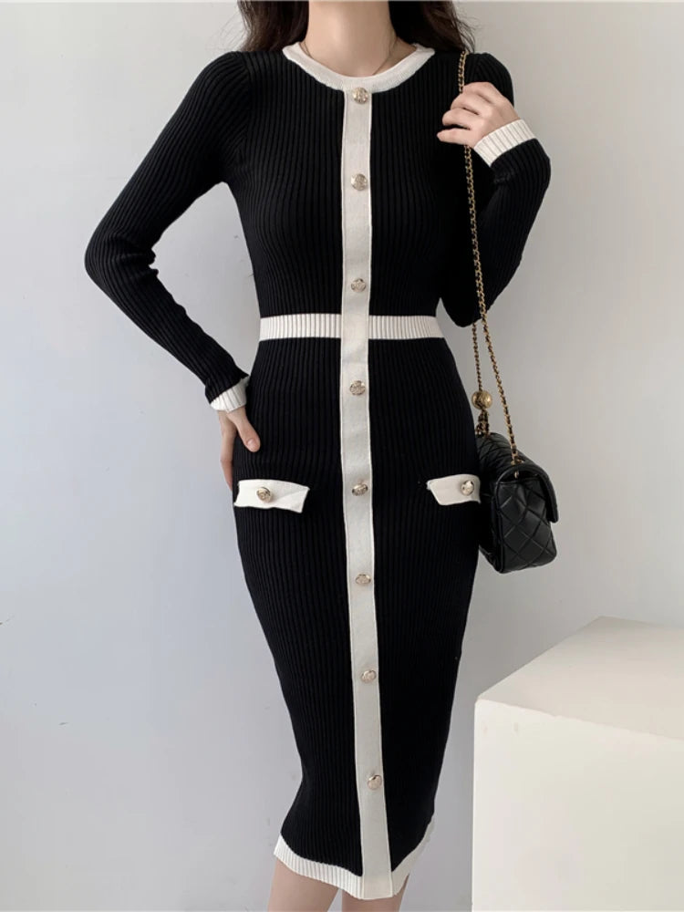 Elegant Black Ribbed Knit Dress With Buttons on Luulla