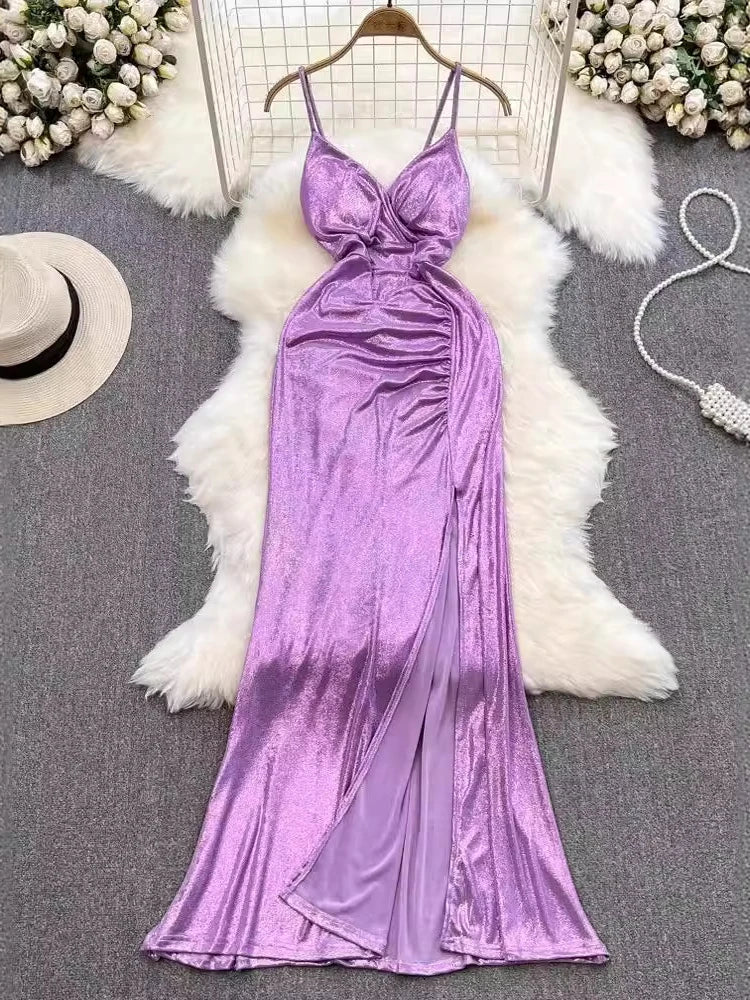 Elegant Purple Satin Evening Gown, Spaghetti Straps on Luulla