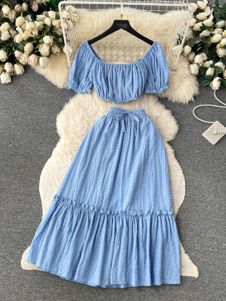Blue Off-shoulder Two-piece Summer Dress Set on Luulla