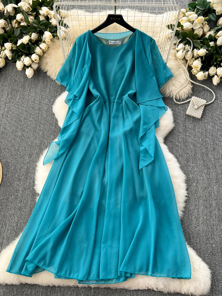 Elegant Turquoise Evening Dress With Ruffle Sleeves on Luulla