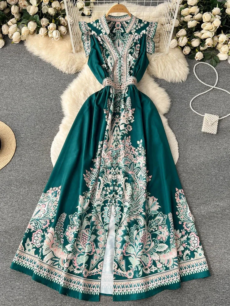 Floral Embroidered Green Maxi Dress With Sleeves on Luulla