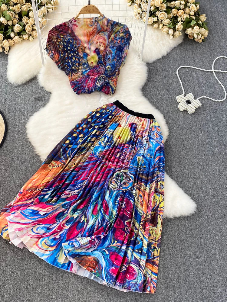 Vibrant Patterned Two-piece Casual Skirt Set on Luulla