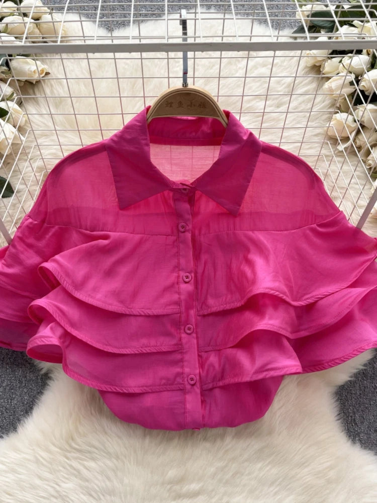 Pink Ruffled Sheer Button-down Blouse For Women on Luulla