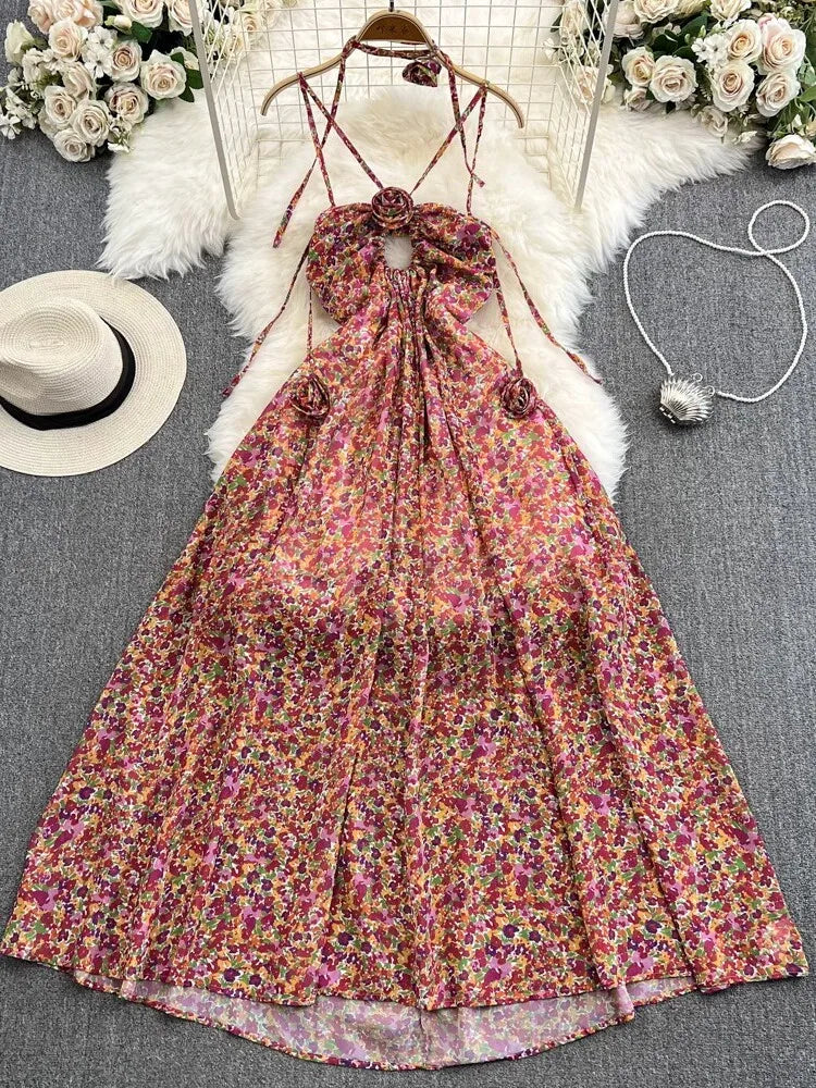 Floral Boho Halter Maxi Dress With Ruffle Details on Luulla