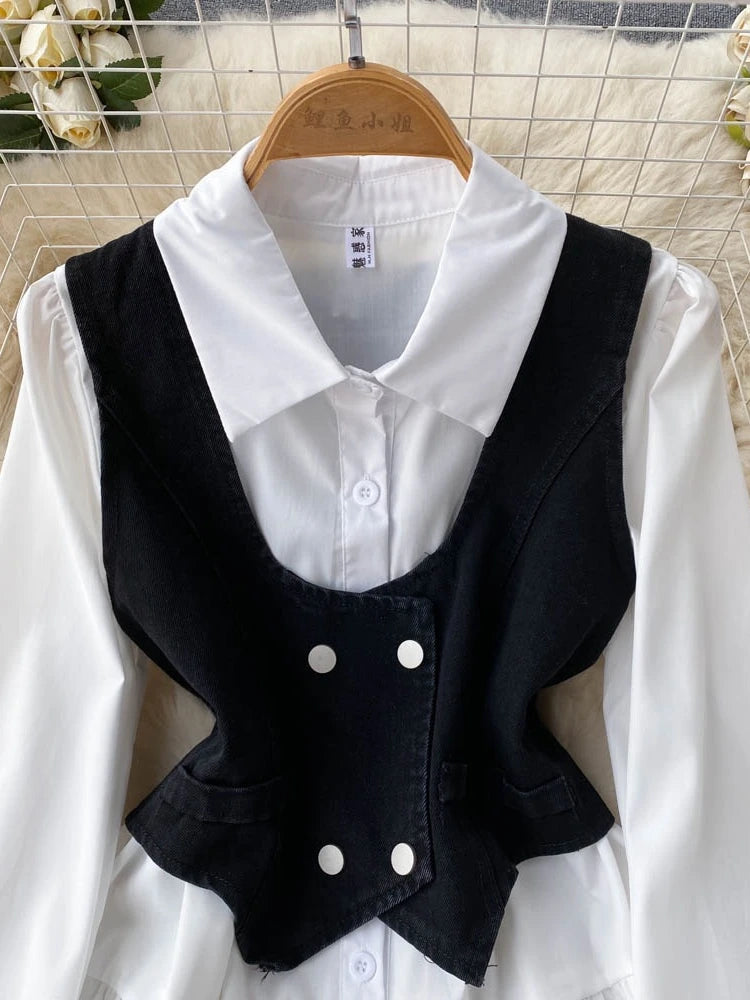 Vintage Detachable Vest Long-sleeve Dress Combo on Luulla