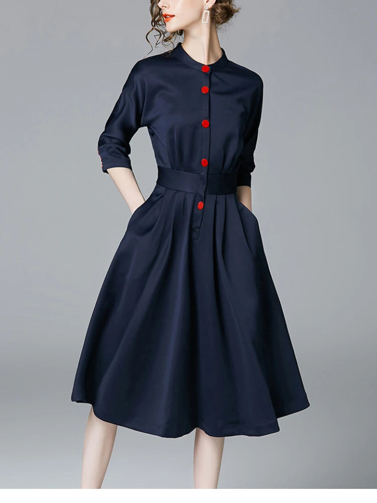 Elegant Navy Midi Dress With Red Buttons on Luulla