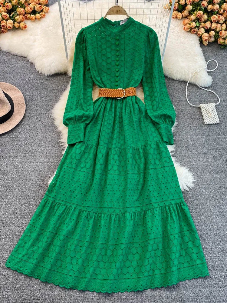 Elegant Green Long-sleeve Maxi Dress With Belt on Luulla