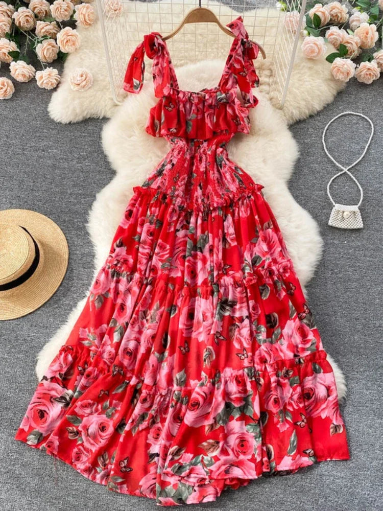 Red Floral Summer Maxi Dress With Ruffles on Luulla