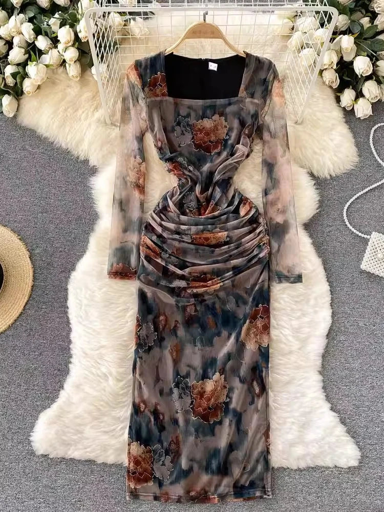 Floral Mesh Ruched Long Sleeve Midi Dress on Luulla