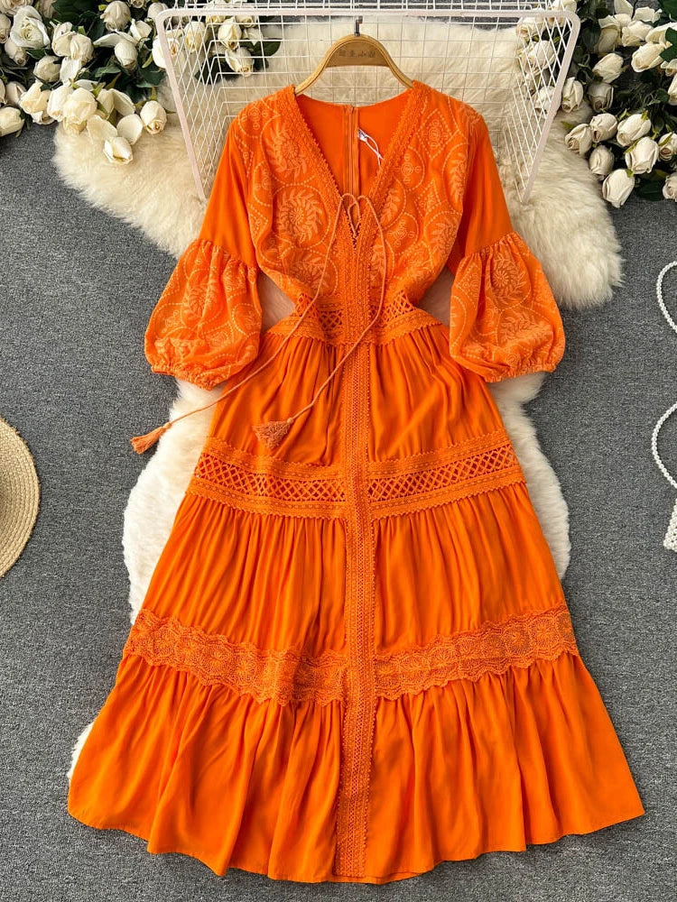 Orange Boho Lace Maxi Dress With Sleeves on Luulla