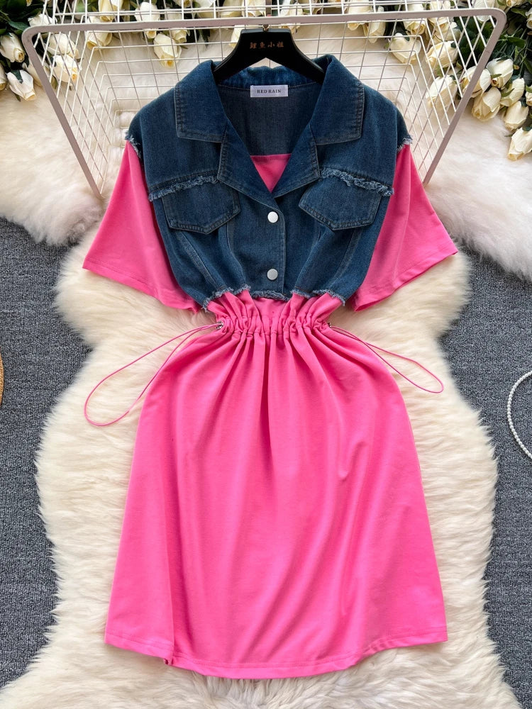 Denim Vest Pink Drawstring Dress Combo on Luulla