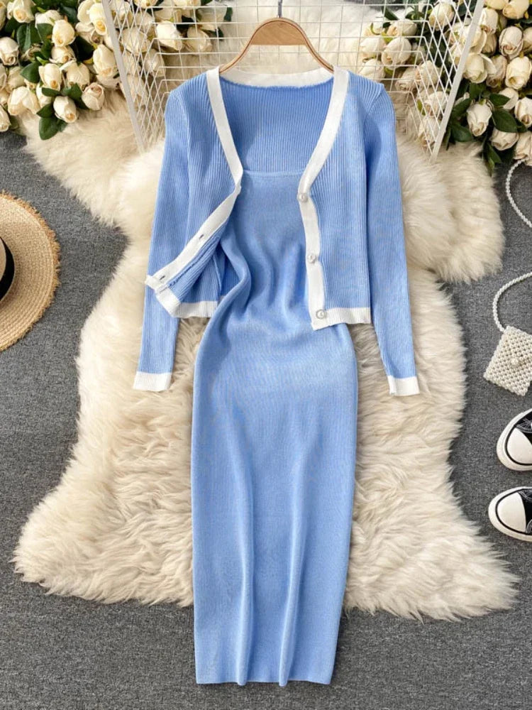 Light Blue Ribbed Knit Dress Cardigan Set on Luulla