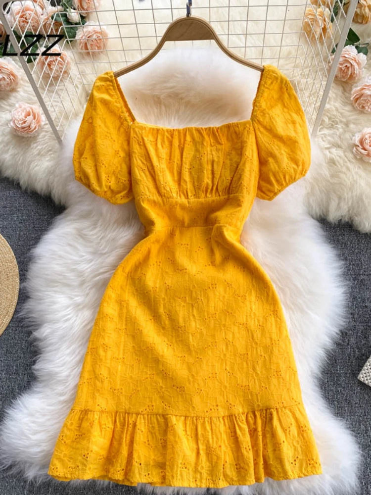 Yellow Puff Sleeve Lace Midi Dress on Luulla