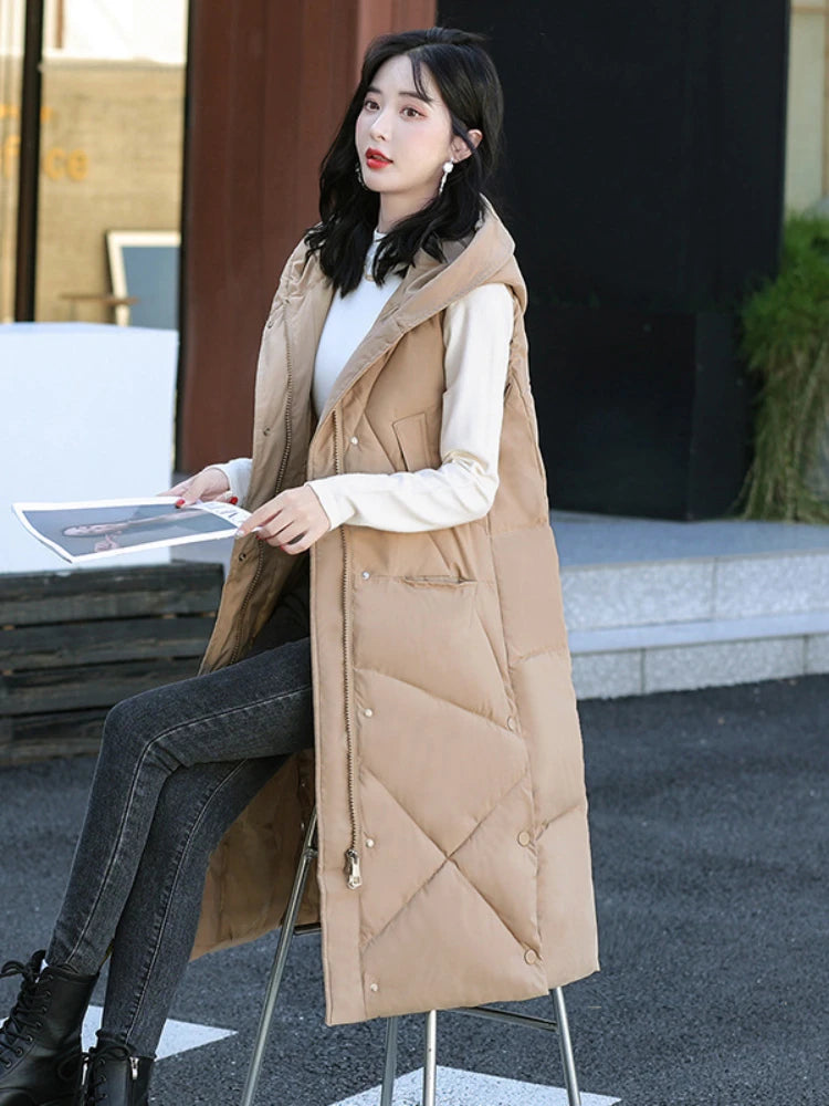 Womens Long Hooded Quilted Down Puffer Vest on Luulla