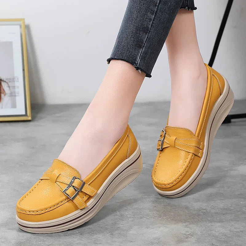 Womens Yellow Platform Buckle Loafers Comfort Shoes on Luulla