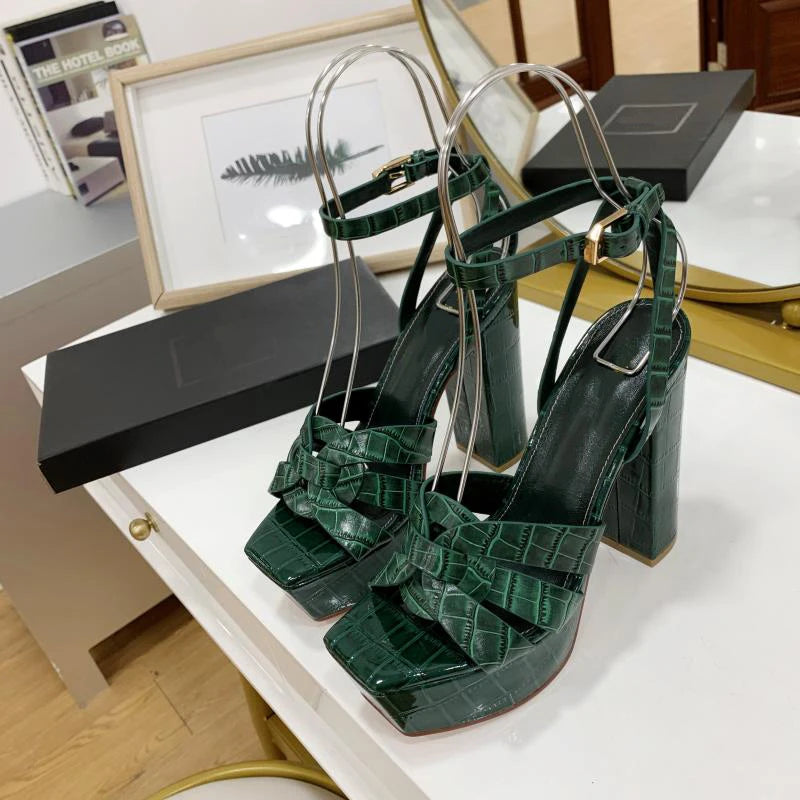 Emerald Green Croc-embossed High Heel Sandals on Luulla
