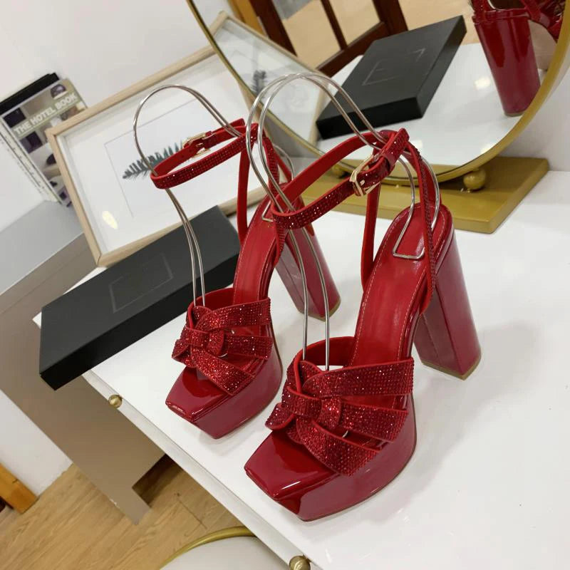 Red Glossy High Heel Sandals With Bows on Luulla