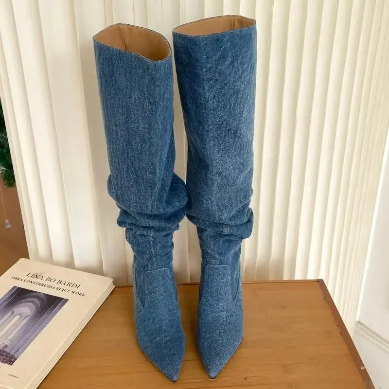 Blue Knee-high Slouch Denim Boots For Women on Luulla