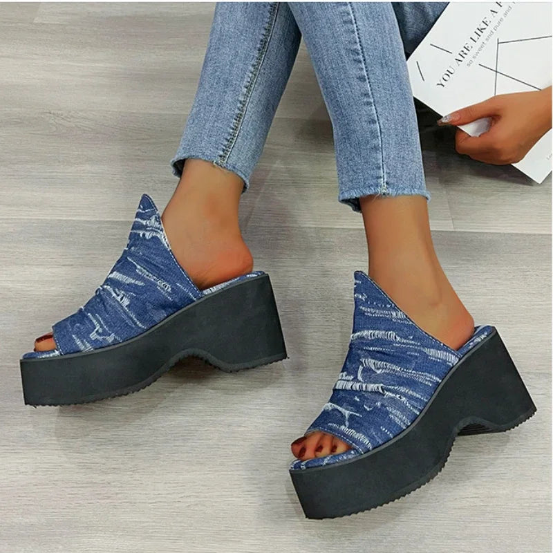Womens Denim Open-toe Platform Wedge Sandals on Luulla