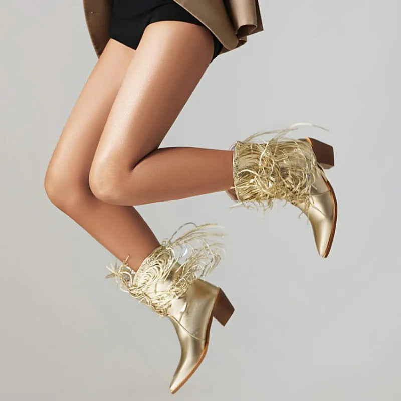 Gold Metallic Feather Ankle Boots For Women on Luulla