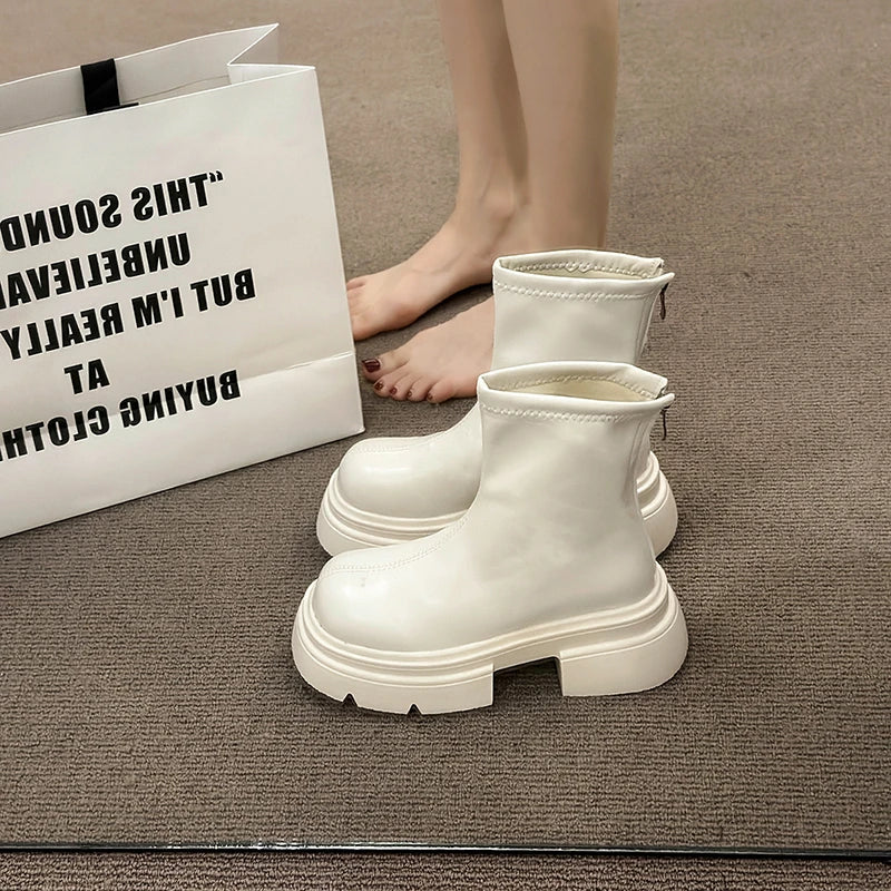 Womens Chunky Platform Ankle Boots - White Leather on Luulla