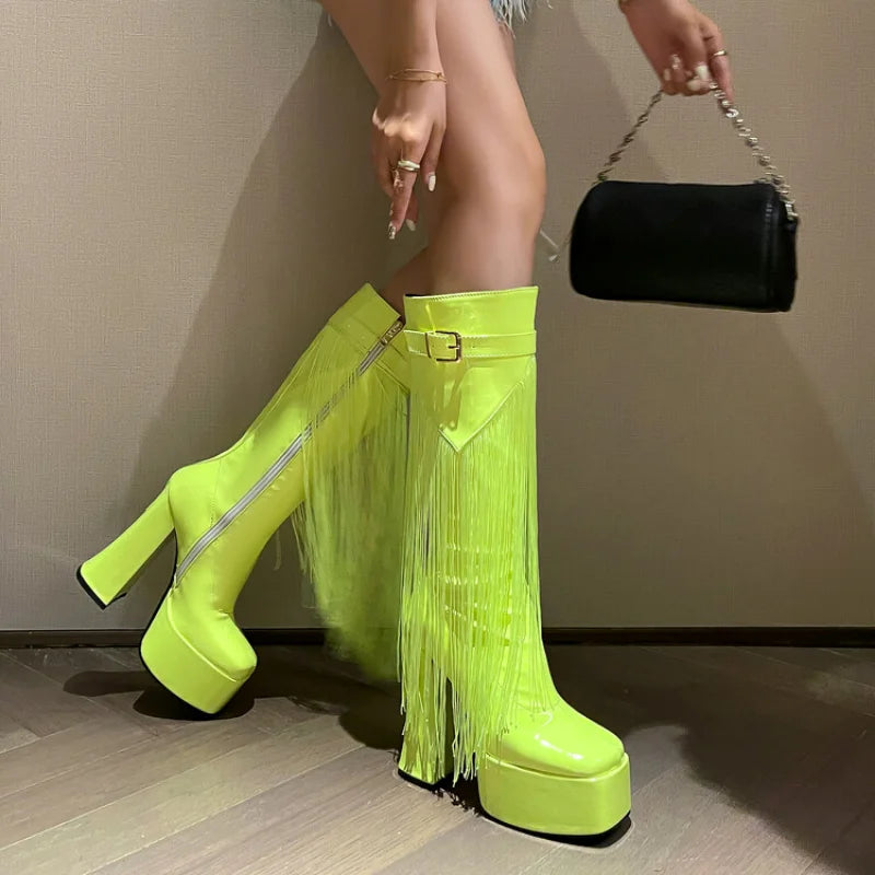 Neon Green Platform Boots With Fringe Details on Luulla