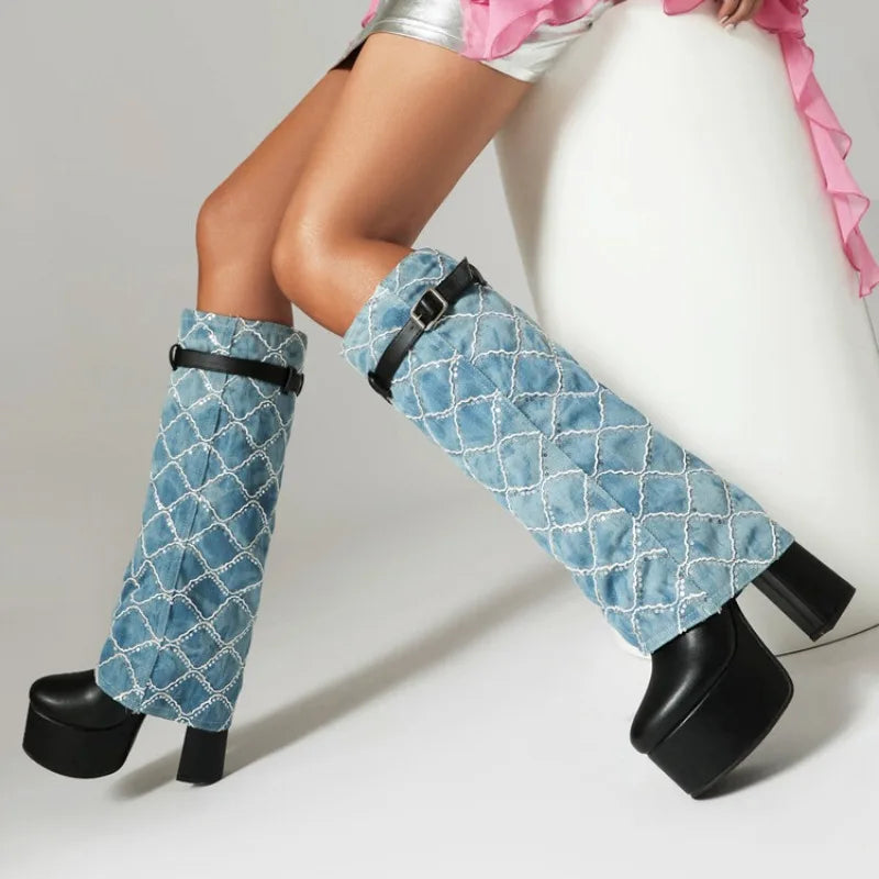 Quilted Denim Platform Boots With Leather Buckles on Luulla