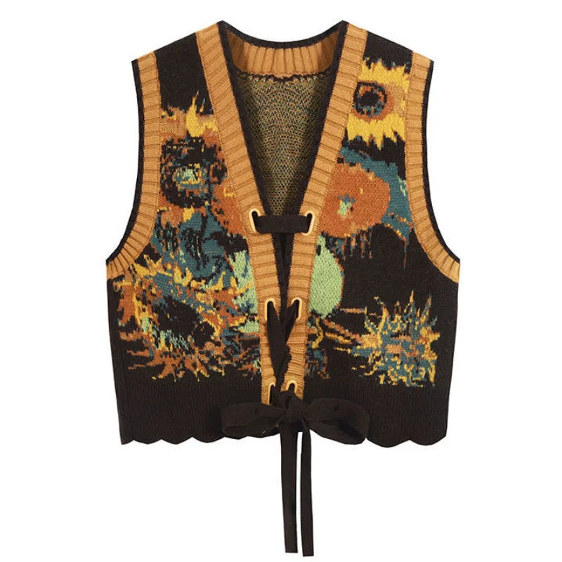 Vintage Sunflower Knit Vest With Bow Ties on Luulla