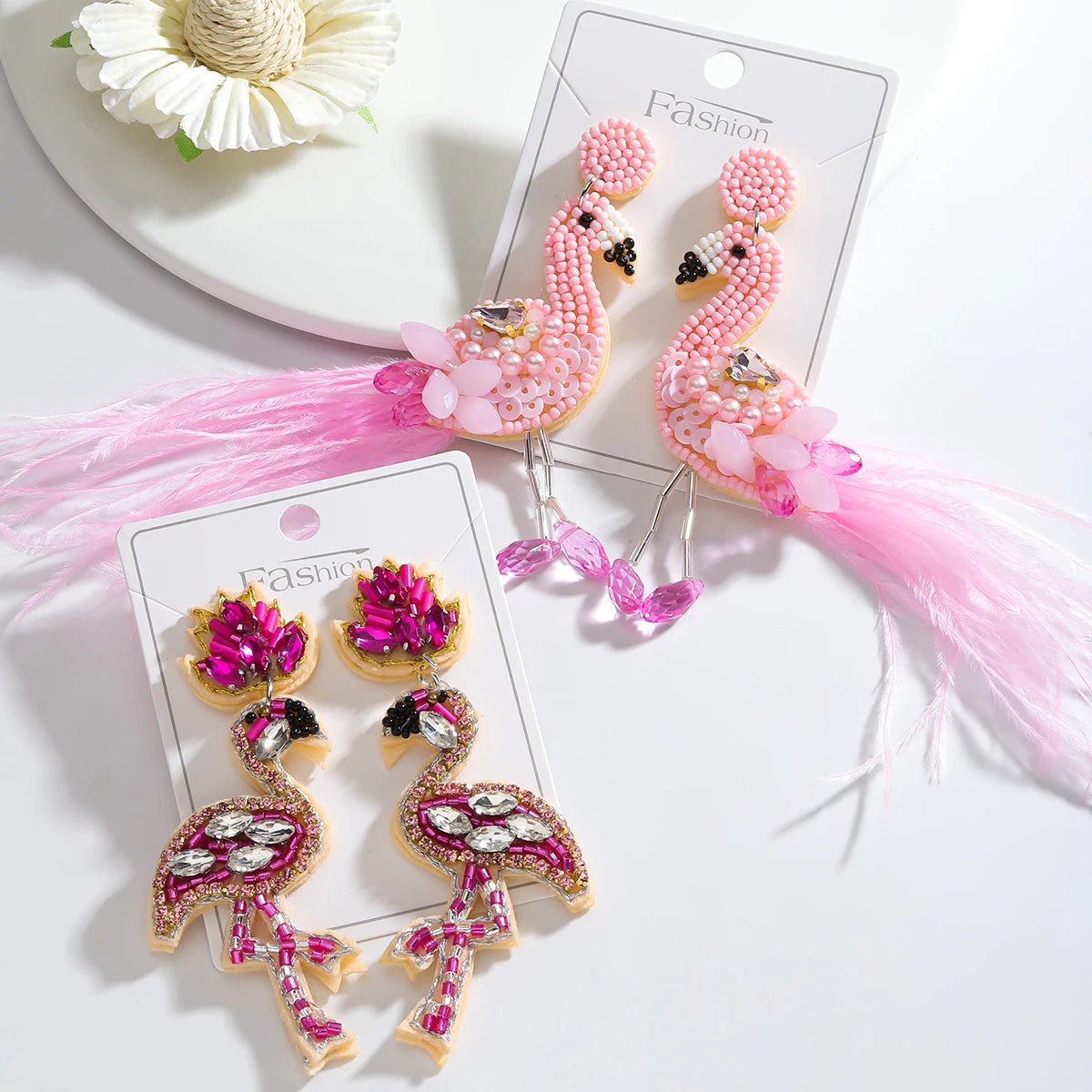 Flamingo Crystal Beaded Drop Statement Earrings Set on Luulla