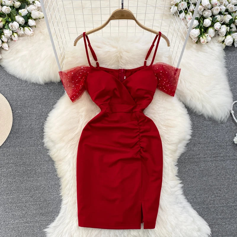 Elegant Red Ruched Bodycon Dress With Sleeves on Luulla