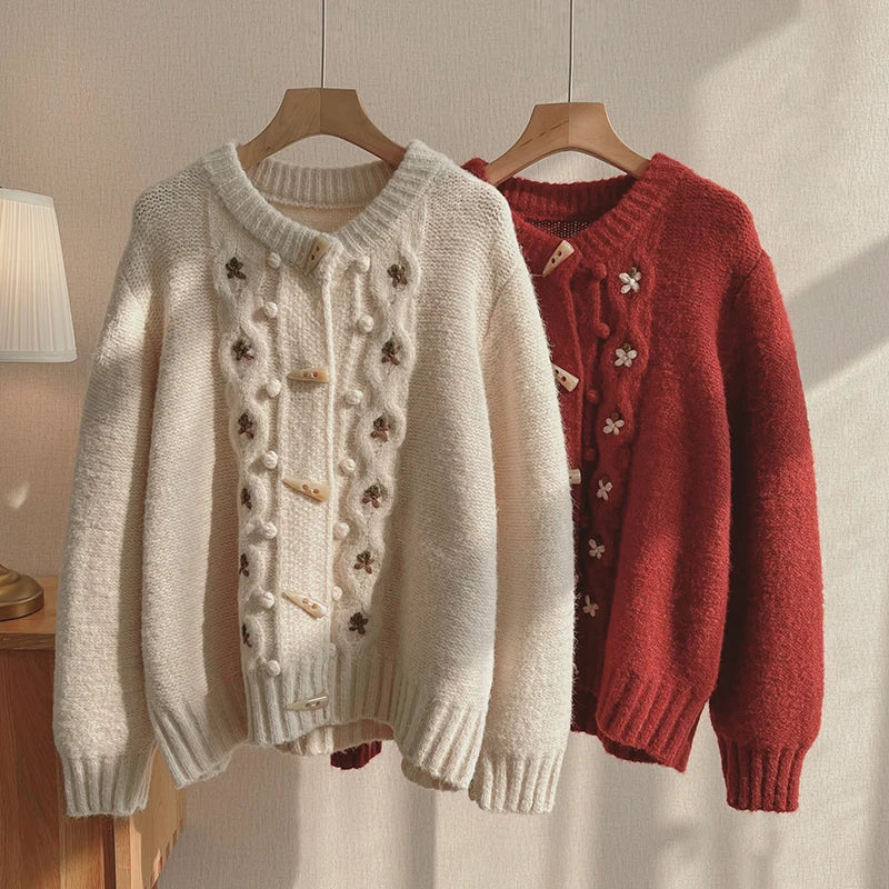 Cozy Knitted Cardigans With Floral Button Design on Luulla