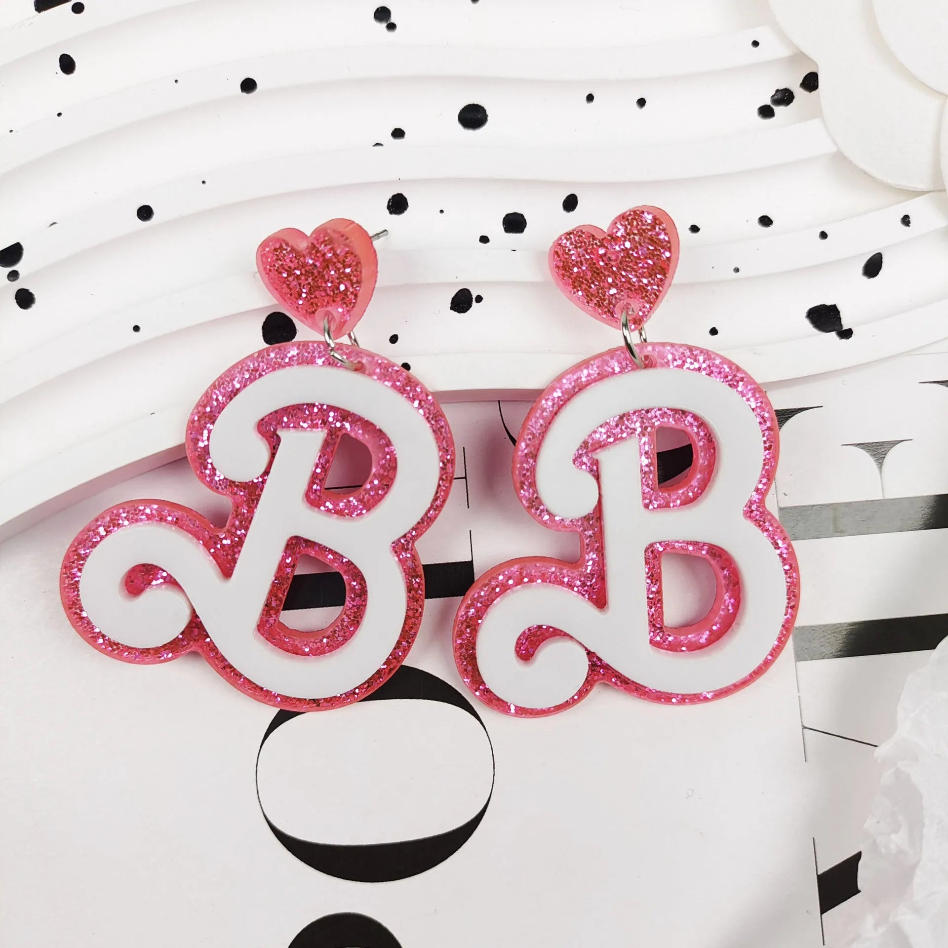 Sparkling Pink Heart Initial B Earrings on Luulla
